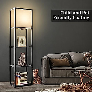 AVV Wide Floor Lamp with Shelves, 4-Tier Modern Shelf Floor Lamp 15W LED Bulb with 2700 4000K 5000K Color Selectable, Display Lamp for Living Room, Bedroom, and Office, Black