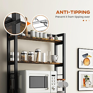 HOMCOM Kitchen Bakers Rack, Microwave Stand, Coffee Bar with Adjustable Shelves, 4 Hooks for Spices, Pots and Pans, Rustic Brown