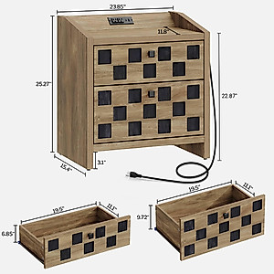 SICOTAS Wide Nightstands Set of 2 with Charging Station and USB-C Port, 24" Large Wood Night Stand with 2 Drawers, Bedside Table with Checkered Pattern Decor, End Side Table with Storage for Bedroom