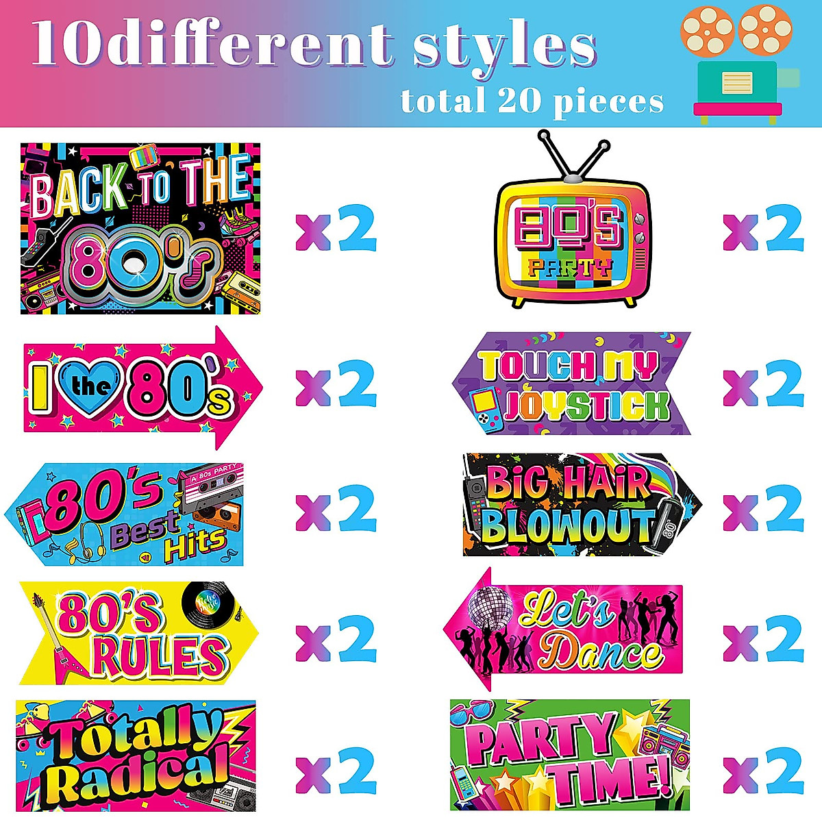 20 Pieces 80's Party Sign Back to 80s Theme Photo Booth Props Retro Party Decorations Birthday Party Favors Cute Cassette Tape 10 Styles 80s Cutouts for 1980s Neon Throwback Adults Birthday Supplies