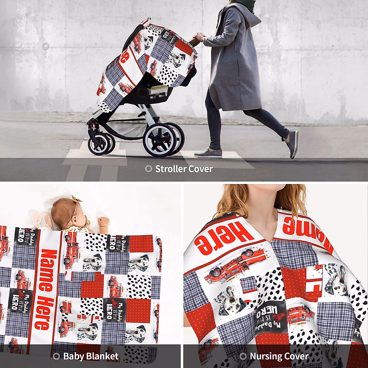 Personalized Baby Car Seat Canopy for Babies with Name, Custom Car Seat Covers for Boys and Girls, Infant Opening Minky Nursing Breastfeeding Stroller Cover Carseat Canopies for Newborn (Fire Truck)