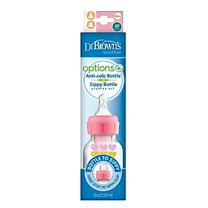 Dr. Brown’s Natural Flow® Anti-Colic Options+™ Narrow Sippy Bottle Starter Kit, 8oz/250mL, with Level 3 Medium-Fast Flow Nipple and 100% Silicone Soft Sippy Spout, 3 Pack, Green, Blue, & Pink, 6m+