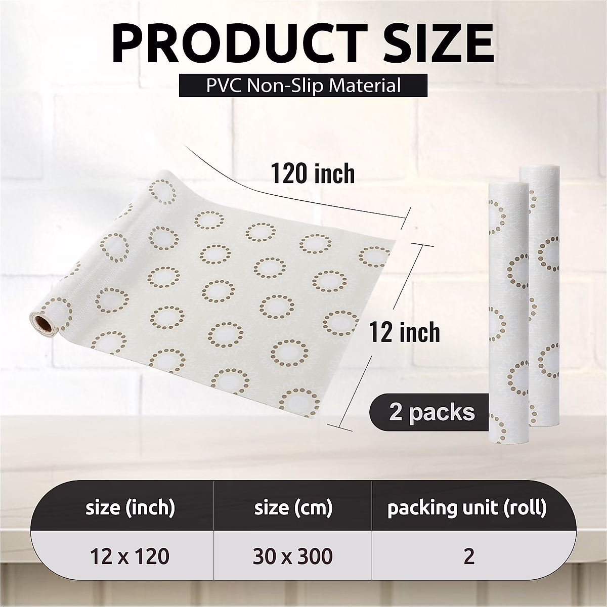 FIFTY FEET 12X120 Inch Shelf Liner for Kitchen Cabinets, PVC Drawer Liner for Dresser Non-Slip Bathroom, Non-Adhesive Cabinet Liner Washable (Beige Circle)(1 Roll)