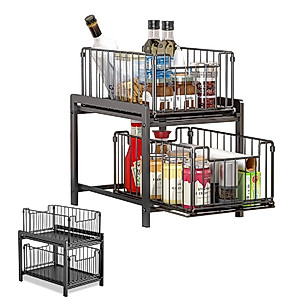 YTDTKJ 2 Tier Under Sink Organzier, Pull Out Cabinets Organizer Shelf Baskets, Stackable Sliding Cabinet Organizer for Kitchen, Pantry, Under The Sink, Cabinet, Bathroom, Black