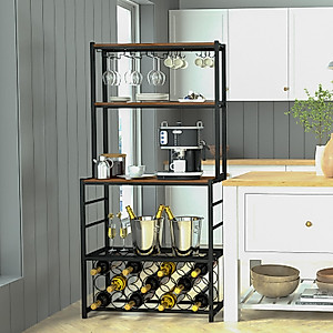 FIDVEKL Wine Rack Freestanding Floor, 5-Tier Industrial Wine Rack Freestanding Floor with Glass Holder and Wine Storage for Home Kitchen Dining Room, Rustic Brown