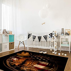 Area Rug for Bedroom Living Room- Retro Western Cowboy Hat with Boots Rope on American Flag Contemporary Floor Carpet Comfy Runner Rug Nursery Playmats Home Decor Mat, 5'x8'