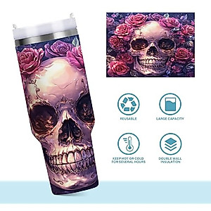 Slewiaeky Tumbler with Handle 40 oz Kawaii Goth Skull Rose Travel Mug with Lid and Straw Stainless Steel Vacuum Insulated Water Bottle Cup for Iced Tea Coffee Cold Beverages Cup Holder Friendly