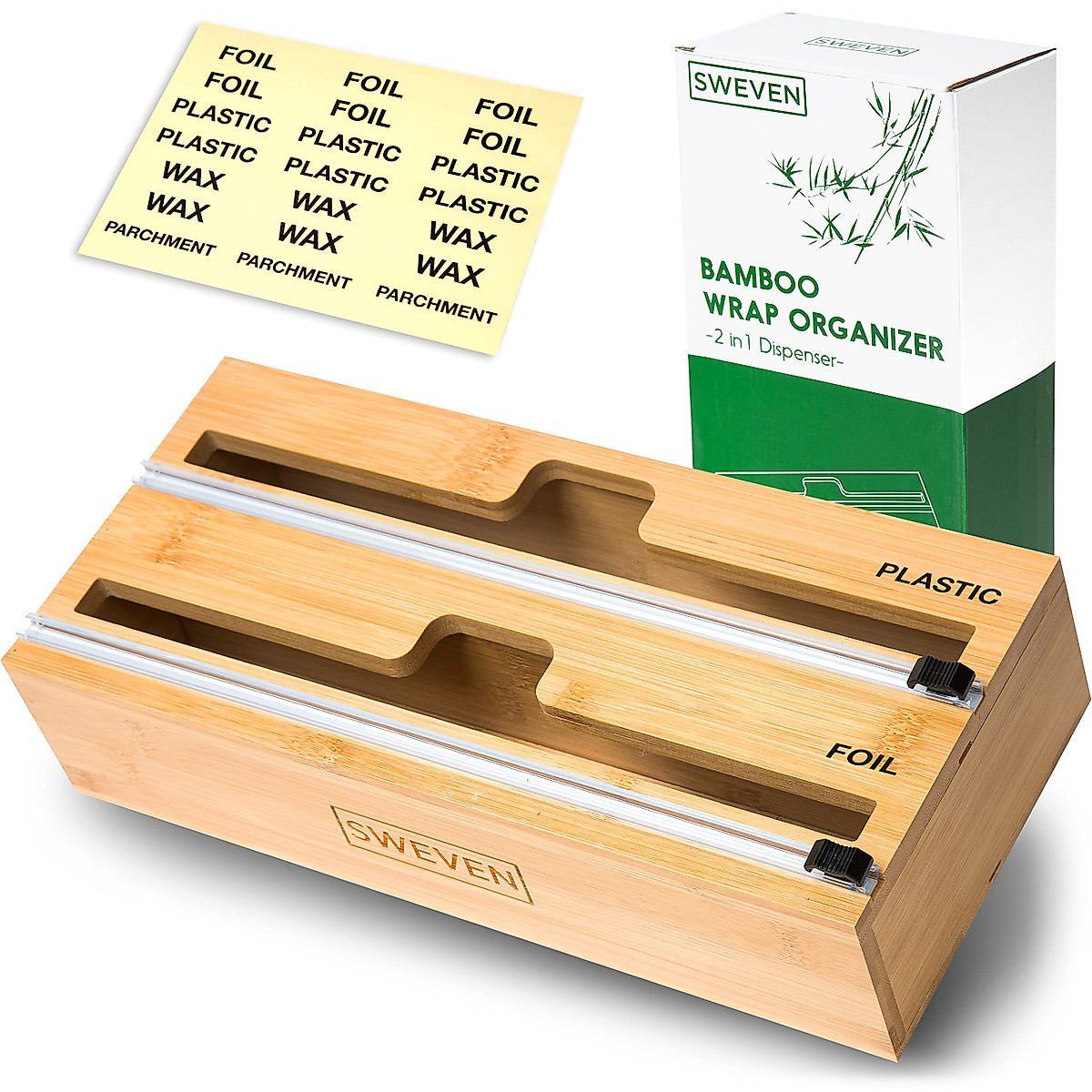 Plastic Wrap Organizer for drawer | Saran Wrap, Aluminum Foil, Wax Paper and Plastic Wrap Dispenser with Cutter | Perfect Kitchen Organizer | Labels Included | Compatible with 12" Roll (2 Slot)