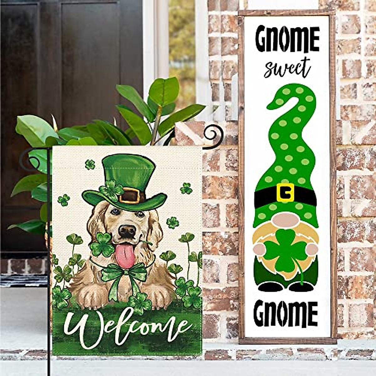 AVOIN colorlife St Patricks Day Green Hat Dog Garden Flag 12x18 Inch Double Sided, Lucky Shamrock 17 March Welcome Yard Outdoor Flag