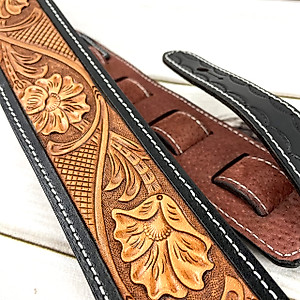Walker & Williams LC-11 Handmade Super Premium Leather Guitar Strap with Hand Carved Live Oak Pattern And Peccary Backing For Acoustic, Electric, And Bass Guitars