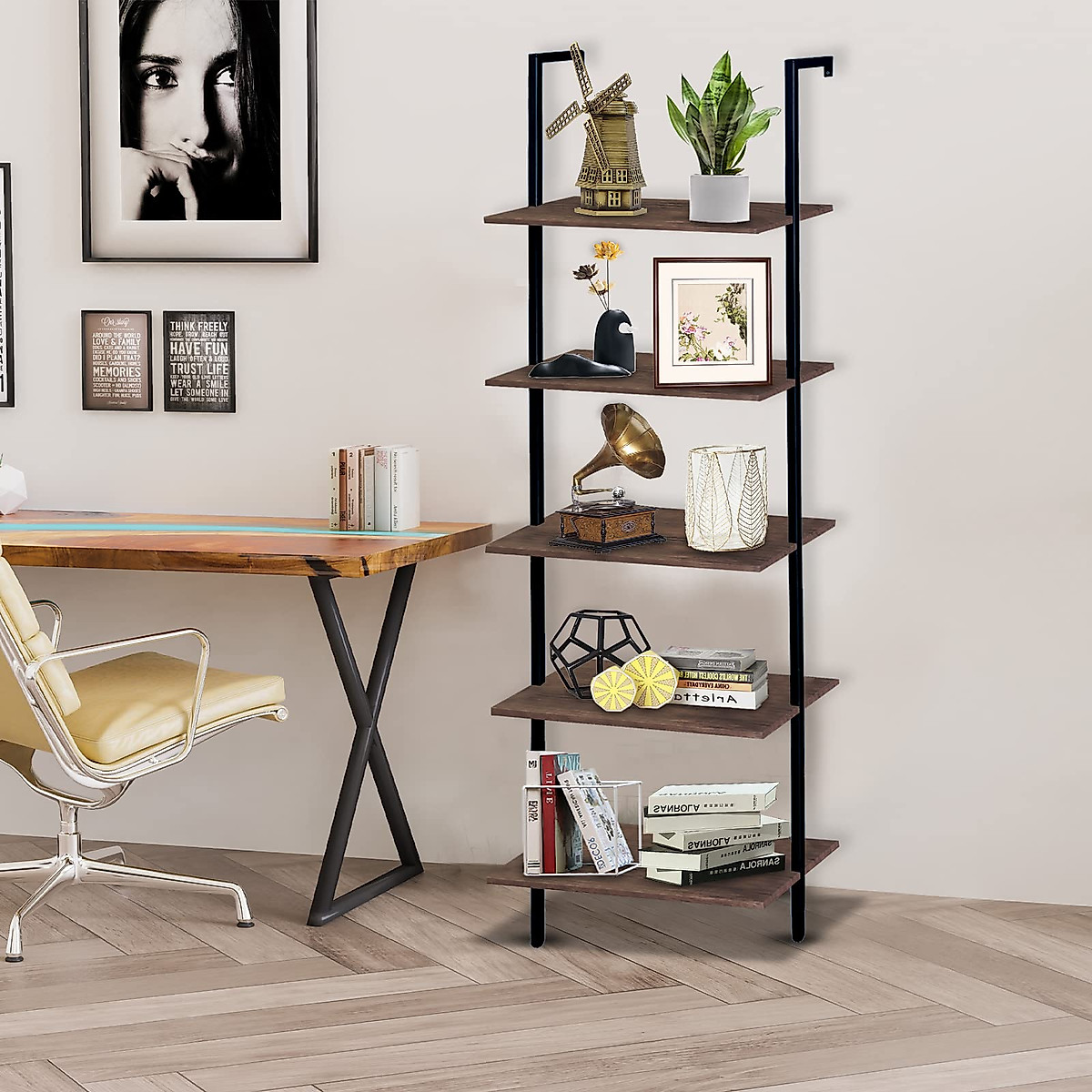 Wolawu 5 Tiers Ladder Shelf 2-Piece Black Modern Tall Bookshelf Open Large Tall Wall Mount Storage Bookcase Standing Leaning Wall Shelves Industrial Decorative