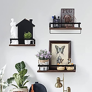 AOZITA 3 Set PRE-Assembled Floating Bathroom Shelves with 2 Towel Bars, Wall Mounted Storage Wood Shelf, Rustic Decor Accessories for Bathroom, Kitchen, Bedroom, Office, Over Toilet - Brown