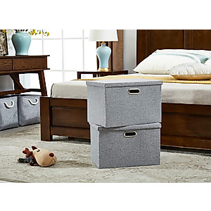 AlphaHome Large Storage Bins with Lids [2 Pack], Foldable Linen Fabric Large Storage Baskets for Organising Clothes and Toys(Glaucous Grey, Large - 15.4 x 10.6 x 9.8)…