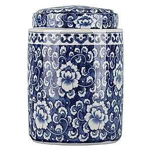 Chinese Traditional Antique Style Blue and White Porcelain Ginger Jar Ceramic Covered Jar Flower Vase with Lid,China Ming Style,China Jingdezhen Design (Cylinder)