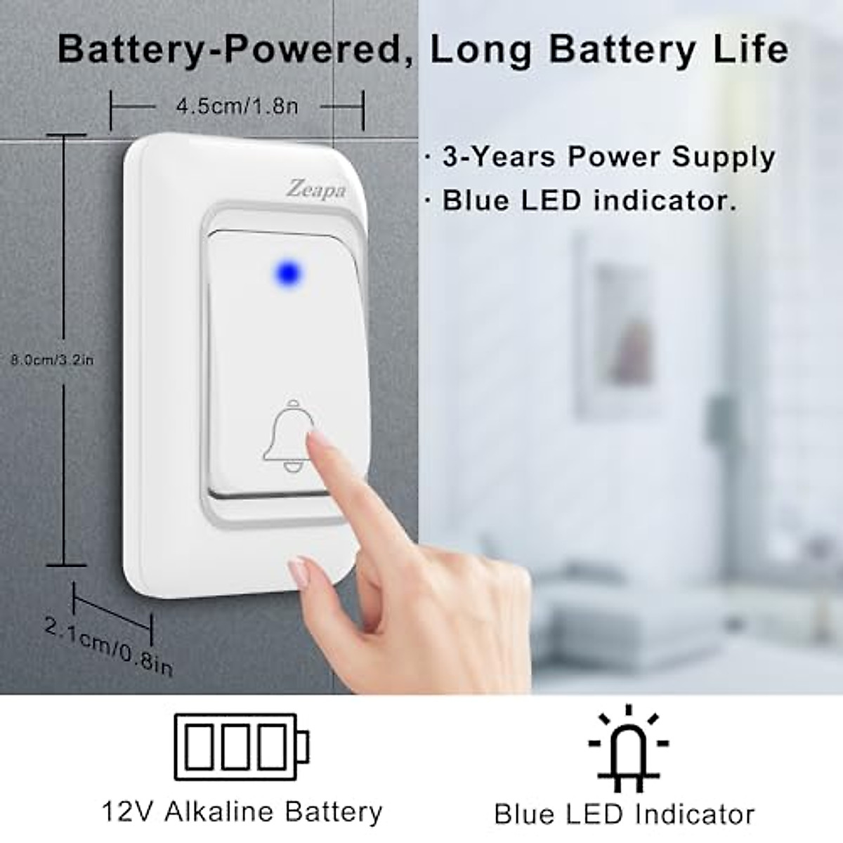 Wireless Doorbell, Differentiate Different Door, Stable Signal, 1300ft Range, 60 Ringtone, 4 Volume, Loud+Silent Mode, Bright LED Flash, 2 Receivers+2 Transmitters, Waterproof, Easy to Use, White