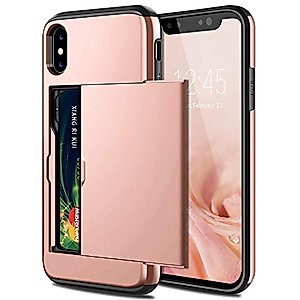 SAMONPOW iPhone X Case, iPhone 10 Case,Hybrid iPhone X Wallet Case Card Holder Shell Heavy Duty Protection Shockproof Anti Scratch Soft Rubber Bumper Cover Case for iPhone X 5.8 inch Rose Gold