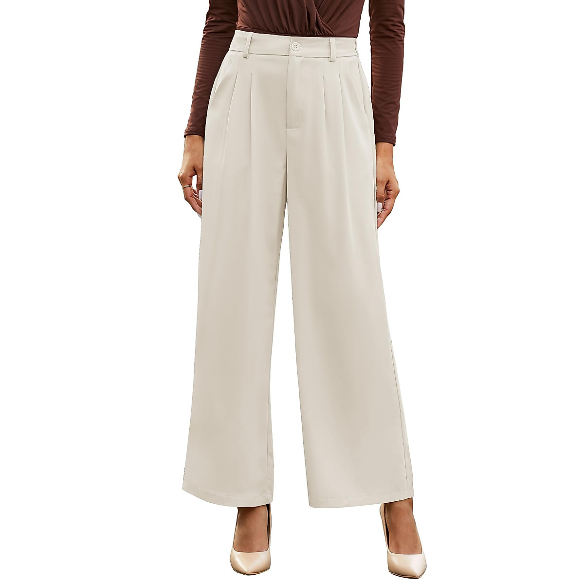GRAPENT Fall Women's Stretchy Work Pants - White High Waisted Palazzo Slacks - Size 8, 10