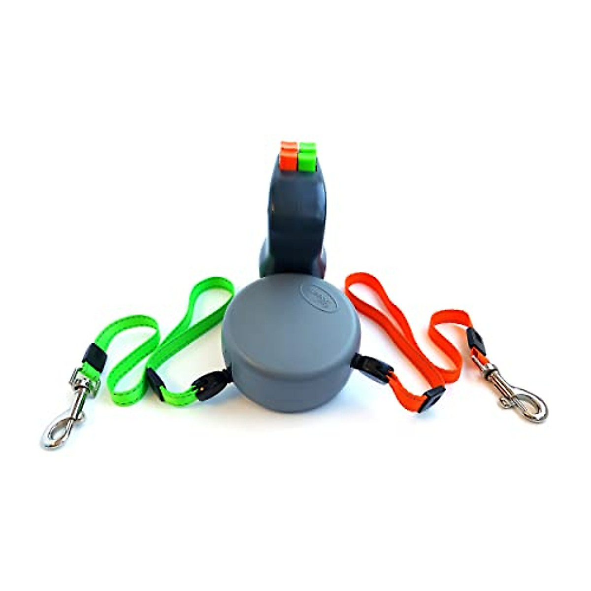 WIGZI (2 Two Dog Reflective Retractable Pet Leash – 360 Degree Zero Tangle Patent - Two Dogs Each up to 50 lbs and 10ft. Reflective Orange and Green Leads. Dual Locking, Small, Gray