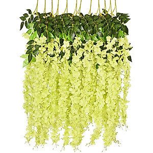 Vanassa 12pcs Artificial Fake Wisteria Vine Garland-GreenDec 3.6FtPiece Silk Wisteria Vine Ratta Hanging Flower for Home Garden Wedding Decor(green), Turquoise