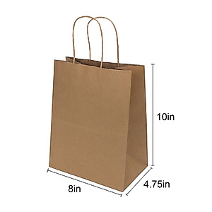 100 Pack 8x4.75x10 Inch Medium Brown Paper Bags with Handles Bulk, Joybe Kraft Paper Gift Bags for Birthday Party Favors Grocery Retail Shopping Business Goody Craft Blank Sacks (Plain Natural 100pcs)