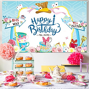 HOWAF Tea Party Birthday Party Banner, Large Fabric Alice Background Banner for Partea Birthday Party Decorations, Tea Kettle, Cupcakes, Butterfly Arts and Crafts for Outdoor Garden