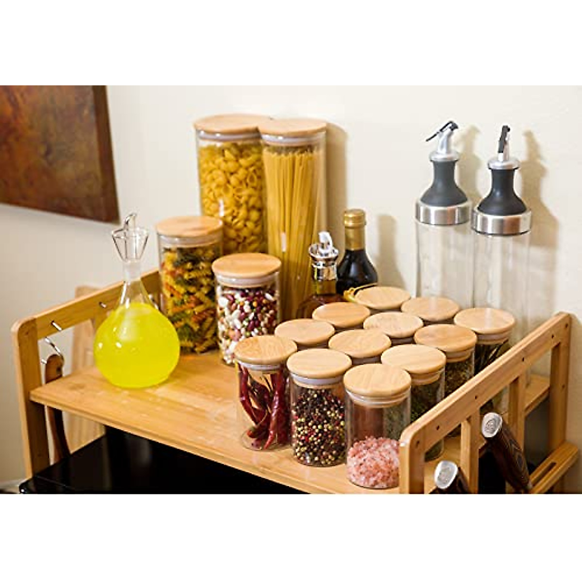 BAMBOO LAND- Bamboo Microwave Rack Countertop with Hooks and Built-in Knife Holder, Microwave Shelf Countertop, Countertop Shelf, Microwave Stand Countertop, Microwave Oven Rack, Over Microwave Shelf