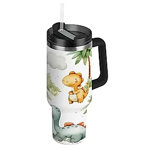FRCSDIY Cartoon Dinosaur Insulated Tumbler with Handle and Straw Lid,30oz Leakproof Stainless Steel Cup BPA-Free Water Bottle
