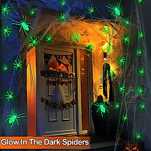 1500 sqft Halloween Spider Web Decorations Super Stretch Cobweb with 130 Plastic Fake Spiders Glow in The Dark Halloween Decorations Indoor Outdoor Party Supplies Haunted House Decor (450g)