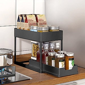 2 Pack Under Sink Organizer and Storage, 2-Tier Sliding Bathroom Organizer with Hook, Multi-Use for Kitchen/Bathroom/Laundry room Organization, Black