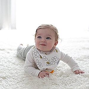 Dr. Brown’s Bandana Bib with Snap-On Removable Teether, Cotton Baby Bib with Soft Fleece Lining for Teething & Drooling, 3m+, 2-Pack, Bees & Gray Honeycomb