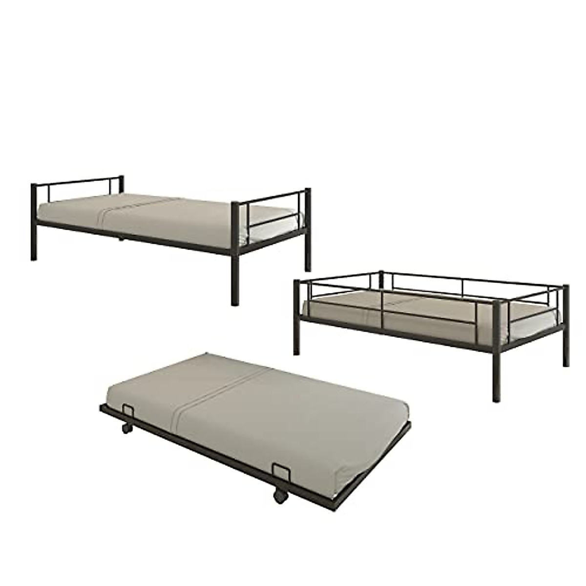 Olela Twin Over Twin Metal Bunk Beds with Trundle,2 Ladders for Boys Girls Adults,Convertible Bunk Beds for Kids Teens (Black)