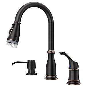 APPASO 3 Hole Kitchen Faucet, Bronze Kitchen Sink Faucet with Pull Down Sprayer 3 Modes, Oil Rubbed Bronze Kitchen Faucet with Soap Dispenser and Separate Handle, Kitchen Faucet 3 Pieces, Zinc Alloy