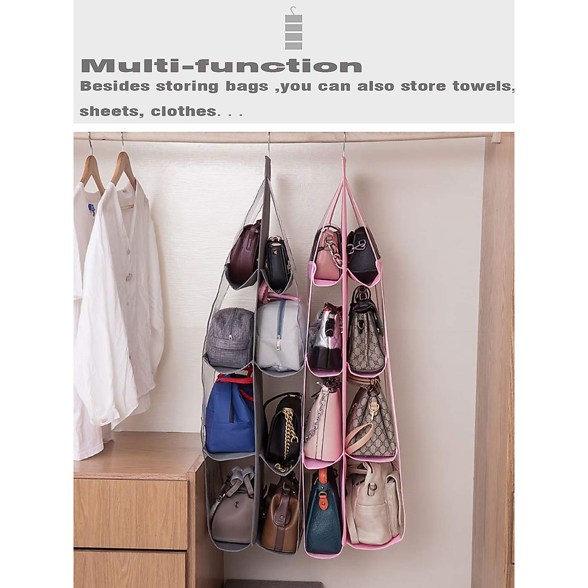 AARAINBOW 1 Pack Hanging Handbag Purse Organizer for Closet, Womens Purse Storage Organizers, Hand Bag Organizer Holder, Wardrobe Purse Organizer 8 Pockets Space Saving 41 L x 13.5W (B-Black)