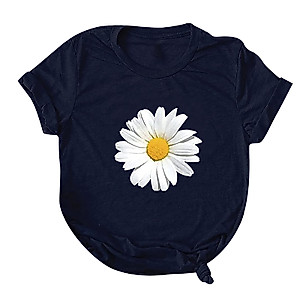 JEGULV Summer Tshirts for Women 2023, Women's Short Sleeve Blouse Daisy Floral Print Basic Summer Tee Shirts, Womens Tshirts Loose Fit - Navy, 3X-Large