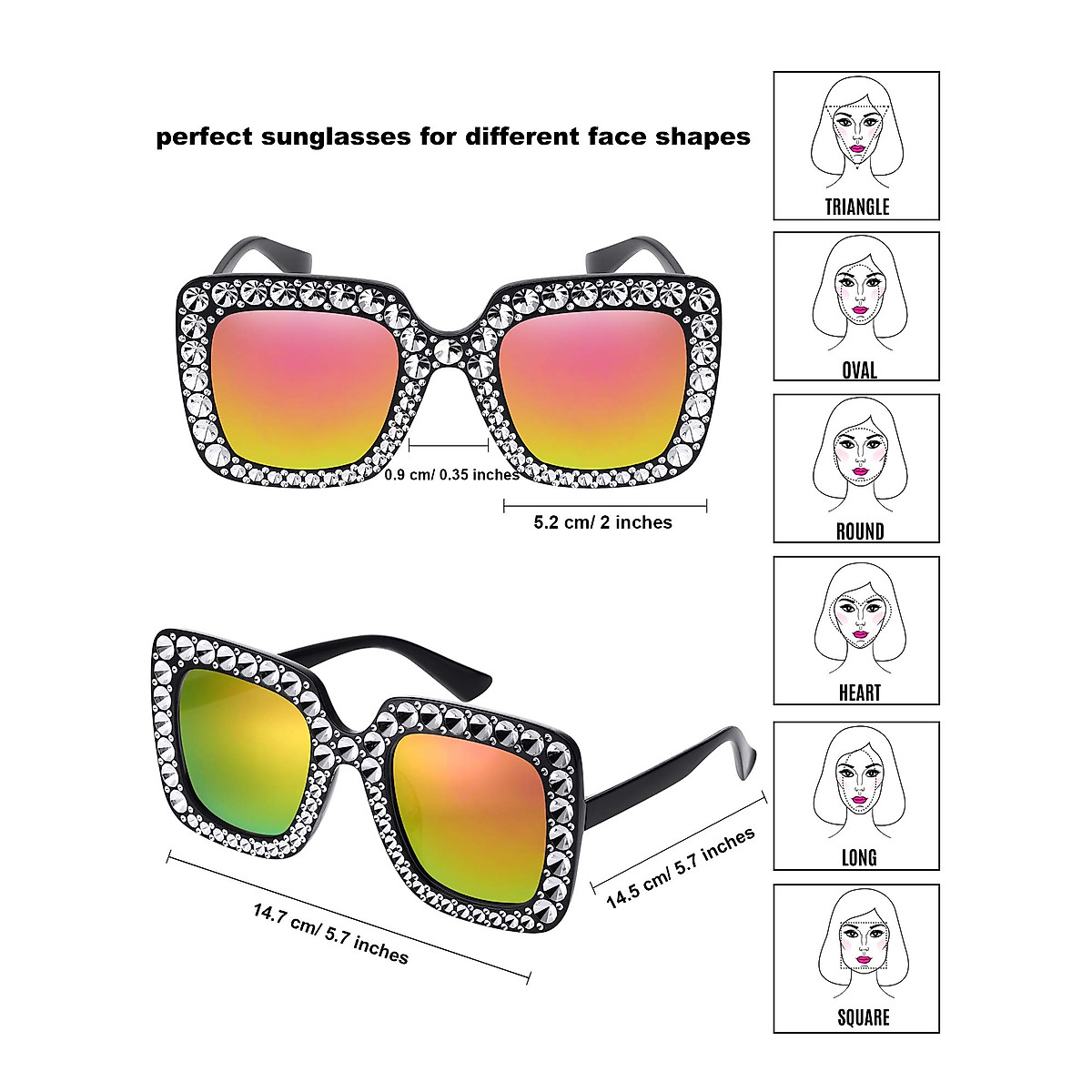 Frienda 6 Pairs Crystal Oversized Square Sunglasses Diamond Glitter Sunglasses Retro Thick Frame Sunglasses(Black, Tawny, Purple, Watermelon Red, Yellow, Silver)