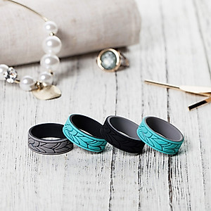ThunderFit Silicone Rings for Women, Patterned Design Wedding Bands - 1/4/7 Variety Multipack (Teal-Black, Black-Grey, Teal-Grey, Grey-Black, 6.5-7 (17.3mm))