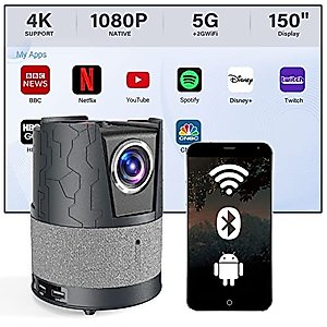 Native 1080P Portable Projector, Mini 5G WiFi Projector with Android 9.0, Smart Bilateral Bluetooth Projector for Wireless Phone Connection, Support 4K Outdoor Movie,Dolby Audio Home Theater,HDMI USB