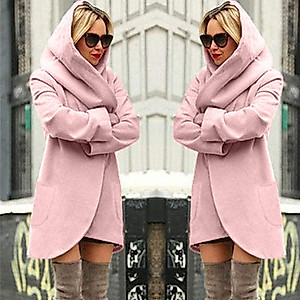 DONTAL Women Woolen Hooded Thin Coat Loose Ladies Casual Hoodies Jacket Overcoat Top Pink