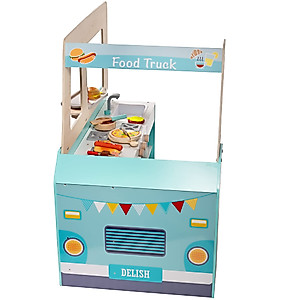 Svan Food Truck Wooden Playset, 20 Fun Toy Pieces Including Cook Top, Steering Wheel, Sticker Sheet for Kids Name, includes Food Tray, Pizza Slices & More, Dual Sided Play Stand for Indoor Fun