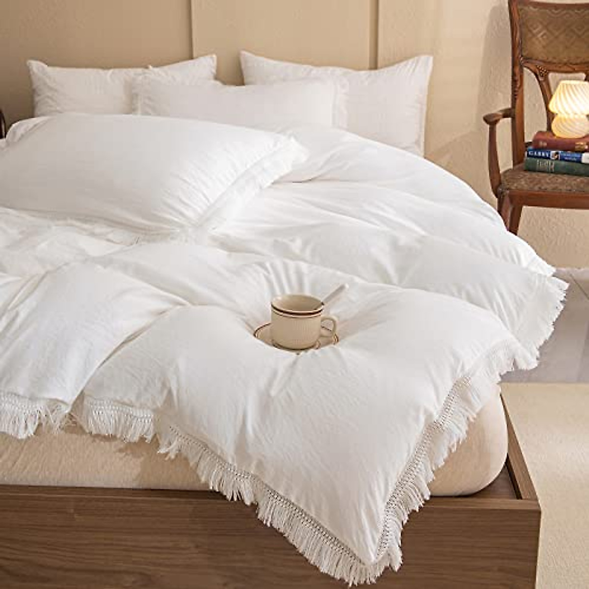 White Bedding Queen Boho Duvet Cover Set Shabby Chic Home Decor Tufted Tassel Beding Bohemian Farmhouse Bedding Set 1 Duvet Cover 2 Pillowcases (White, Queen)