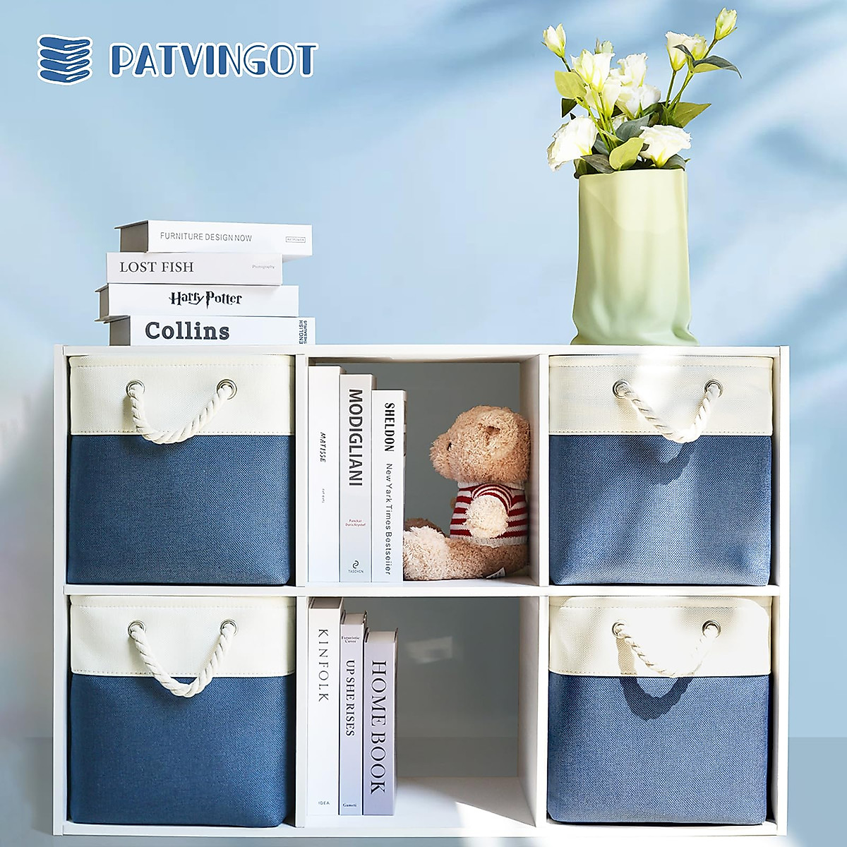 Patvingot 13x13x13 Storage Cube Bins,Set of 4, Large Foldable Fabric Storage Cubes with Handles for Organizing Home, Closet, Clothes, Toy, Book, Office(White&Blue)