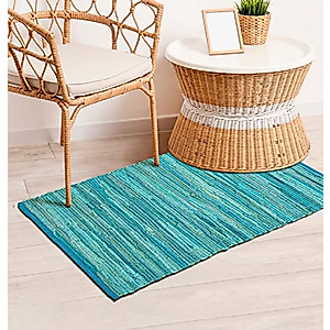 100% Cotton Rag Rug 2x3' - Multicolor Chindi Rug - Hand Woven & Reversible for Living Room Kitchen Entryway Rug - Teal,Kitchen Rugs, Farmhouse Rugs, Rugs for Living & Bedroom,Woven Rugs