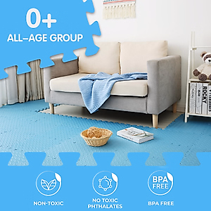 Coolcandy EVA Foam Play Mat, 16 Tiles Colorful Baby Play Mat, Square Kids Playmat with Solid Colored, 0.4" Thickened Interlocking Foam Floor Tiles, Puzzle Play Mat For Baby Lying, Playing (Light Blue)