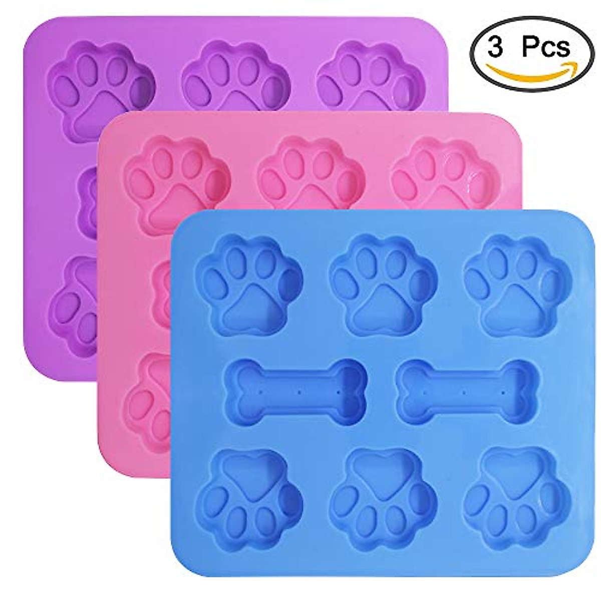 3 Pcs Silicone Molds Puppy Dog Paw & Bone Shaped 2 in 1, 8-Cavity, FineGood Reusable Ice Candy Trays Chocolate Cookies Baking Pans, Oven Microwave Freezer Dishwasher Safe-Pink, Blue, Purple