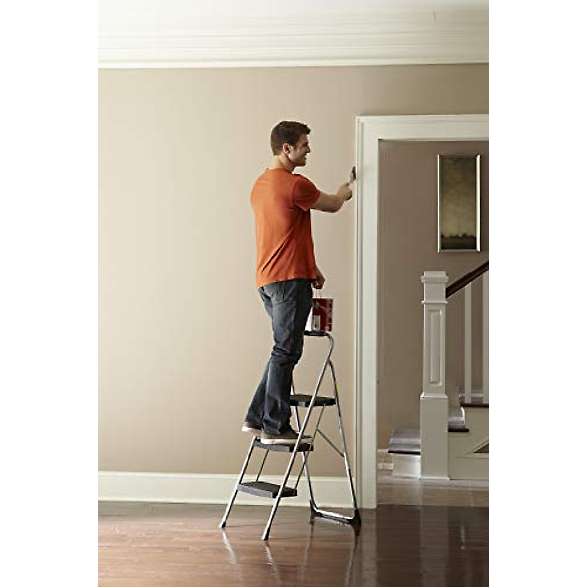 Cosco 11408PBL1E Three Big Folding Step Stool with Rubber Hand Grip, Platinum & Command Broom & Mop Grippers, Multi-Use Gripper, Holds up to 4 lbs, 2-Pack