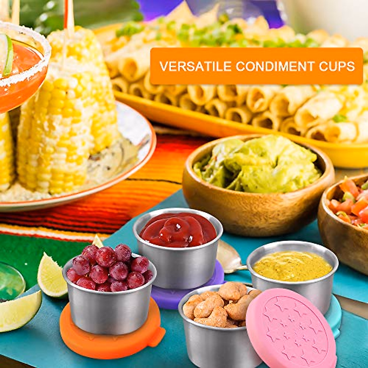 SOPHICO Salad Dressing Container To Go, Small Condiment Containers with Leakproof Silicone Lids, 1.6oz Kids Sauce Cups Stainless Steel Dips Food Storage for Lunch Box Picnic Travel (4 Color, 4 Pack)