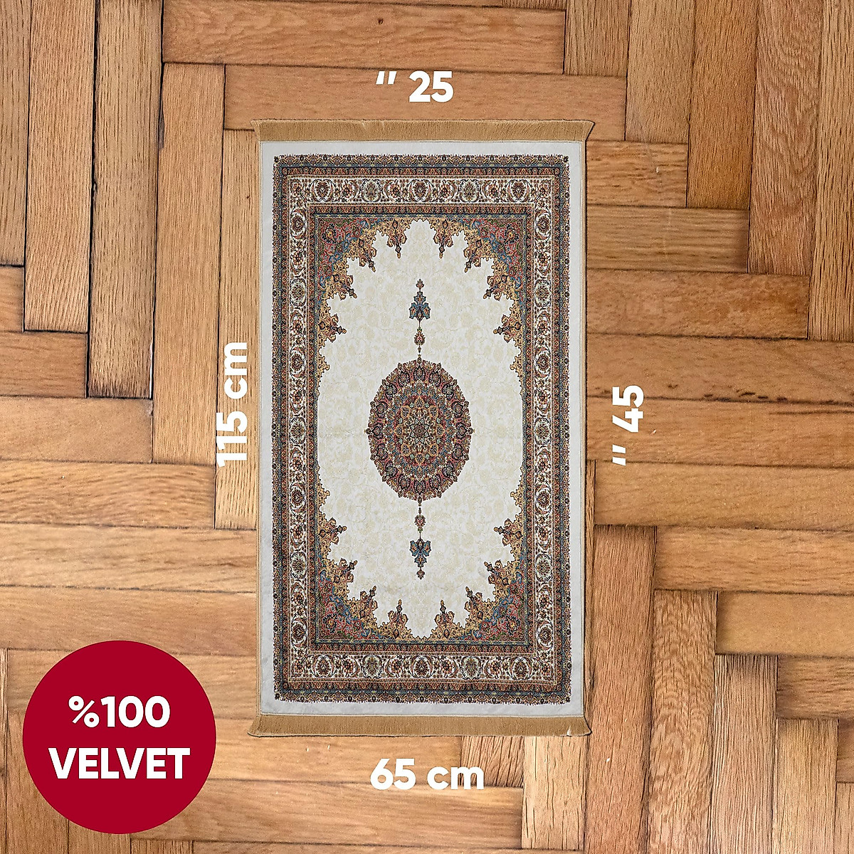 Muslim Prayer Rug | 25'' x 45'' Turkish Velvet Islamic Praying Mat for Men, Women, Kids | Patterned Janamaz Carpet Ramadan Sajadah Islam Namaz Rugs (Ecru III)