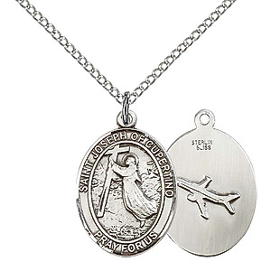 F A Dumont Sterling Silver St. Joseph of Cupertino Pendant with 18" Stainless Steel Lite Curb Chain. Patron Saint of Pilots/Airforce