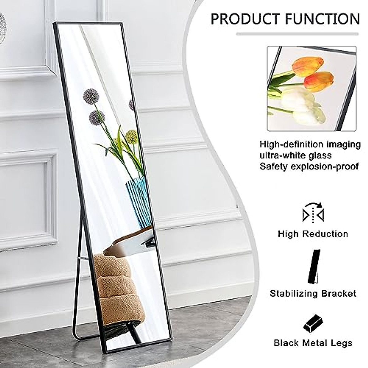 Yone jx je Rectangular Full Length Mirror,Big Free Standing Body Mirror,Floor Length Mirror with Stand,Anti-Rust Solid Wood Frame, Long Wall Mirror for Bedroom (Black+Mirror(65" x 23")