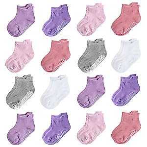 Tenpluszero 16 Pairs Non Skid Toddler Socks Anti Slip Baby Ankle Socks with Grips for Toddler Baby Boys Girls (16Pairs - Mixed Color A, 12-36 Months)
